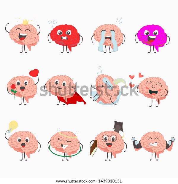 Brain Cartoon Characters Making Sport Exercises 스톡 벡터(로열티 프리) 1439010131