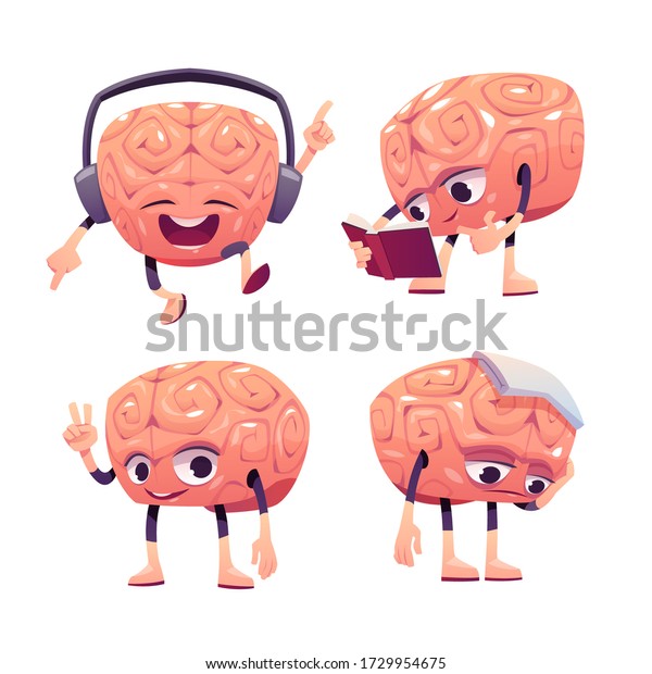 Brain characters, cute cartoon mascot with funny face listening music ...