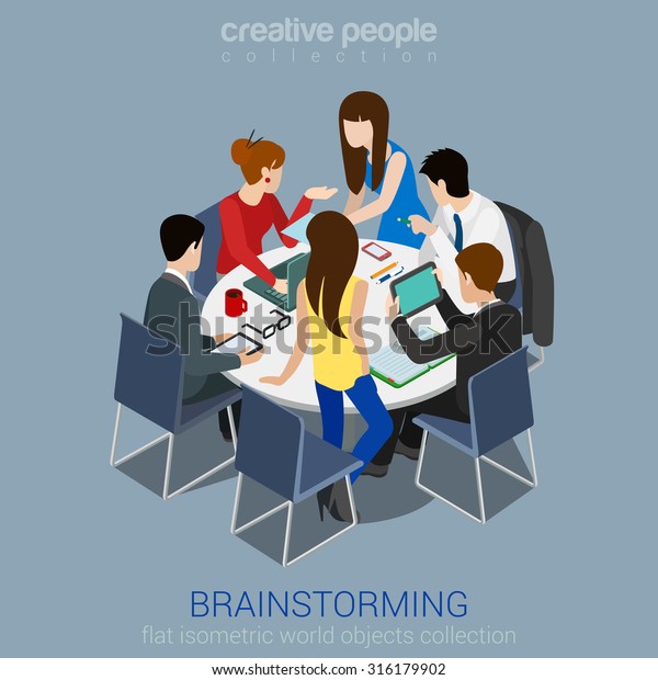 Brainstorming creative team idea discussion people flat 3d web ...