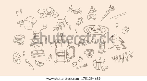 Breakfast Coffee Line Art Doodle Set Stock Vector (Royalty Free ...