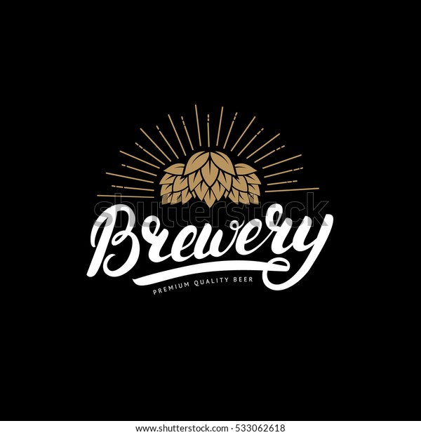 Brewery hand written lettering logo, label, badge template with hop for ...