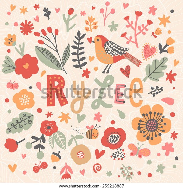 Bright card with beautiful name Rylee in poppy flowers, bees and ...