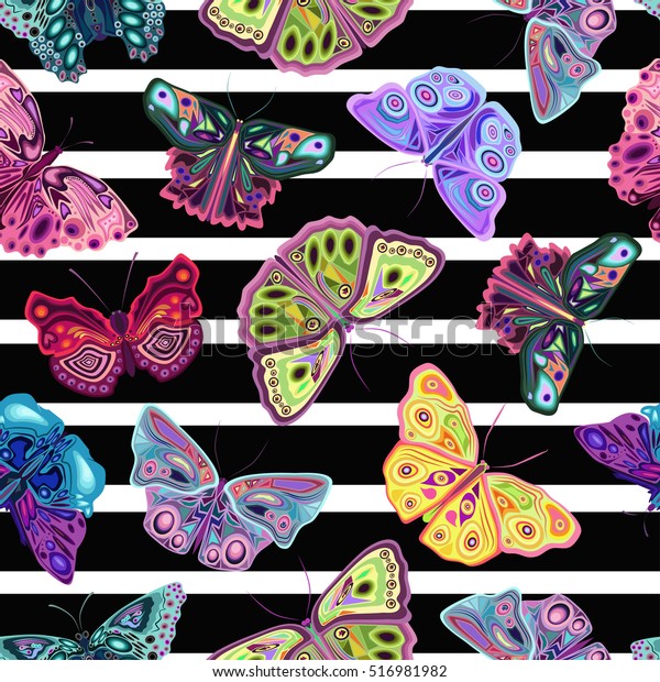 Bright Seamless Pattern Butterflies Striped Pattern Stock Vector ...