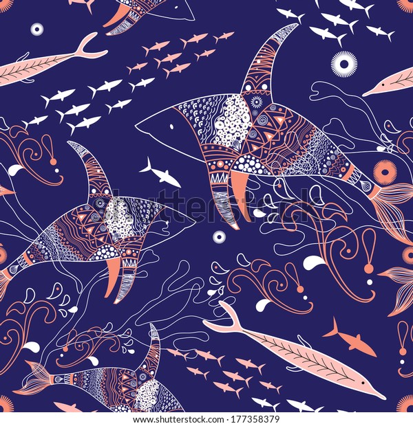 Bright seamless pattern with marine fish and sharks on a blue background