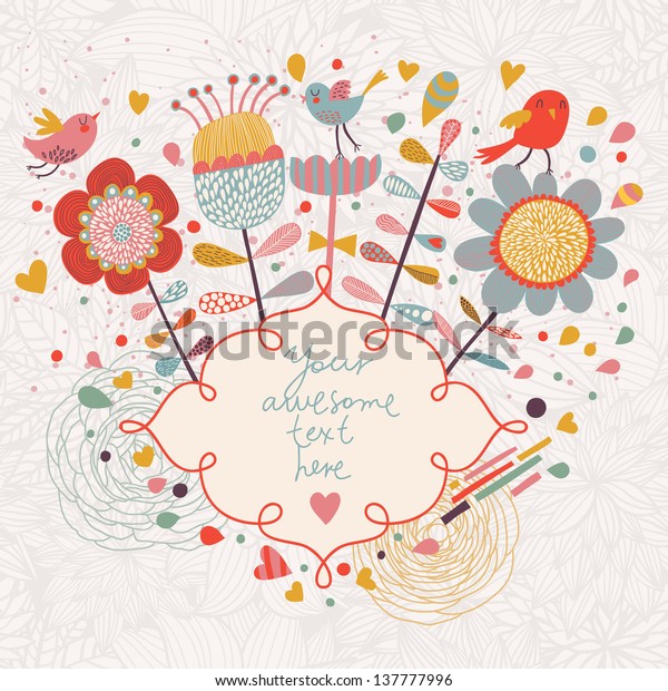 Bright Spring Background Cartoon Flowers Birds Stock Vector (Royalty ...