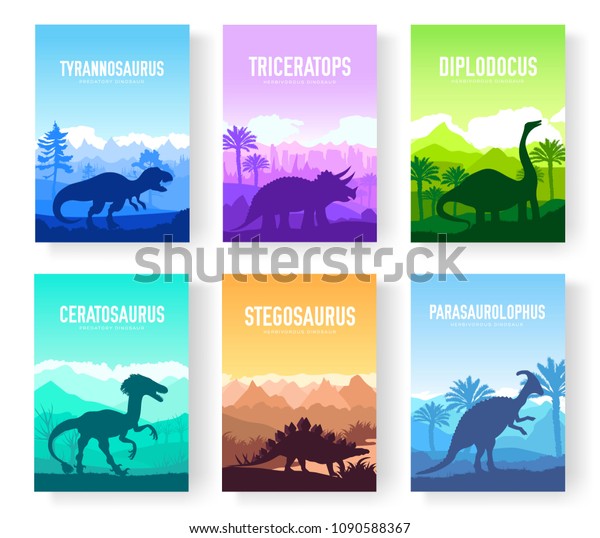 Folletos con un conjunto de dinosaurios primitivos coloridos. Animales ...