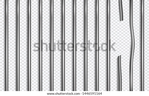 Broken jail lattice or bars in 3d style on isolated background. Open prison transparent. Vector ...