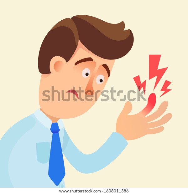 Bruised Finger Burn Sad Man Looks 스톡 벡터(로열티 프리) 1608011386
