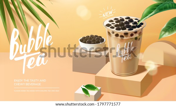 Bubble Milk Tea Advertisement Leaves Elements Stock Vector (Royalty ...