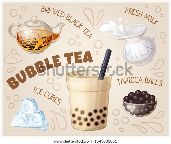 Bubble tea glass and food ingredients cartoon illustration. Vector icon ...