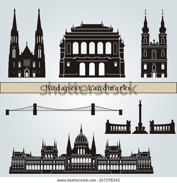 Budapest Landmarks Monuments Isolated On Blue Stock Vector (Royalty ...