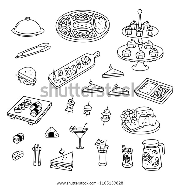 Buffet Food Hand Drawn Doodle Illustration 스톡 벡터(로열티 프리) 1105139828 ...