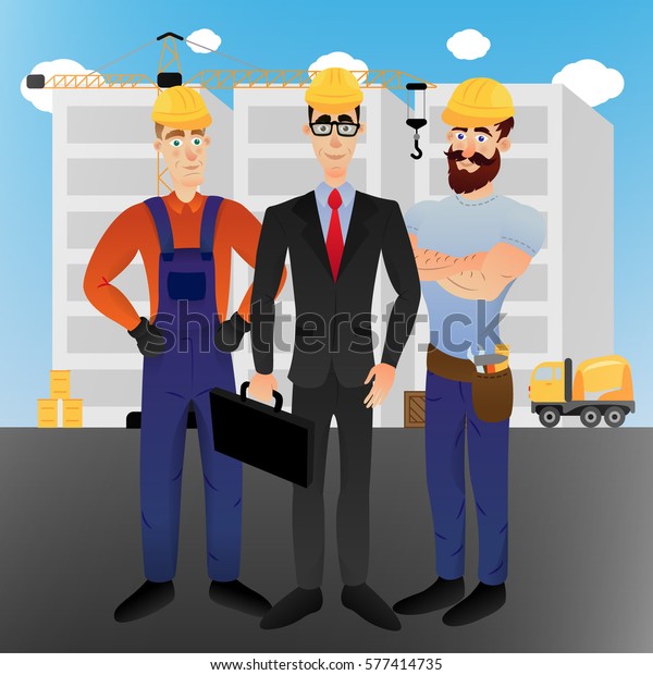 Builders On Construction Background Cartoon Style Stock Vector (Royalty ...