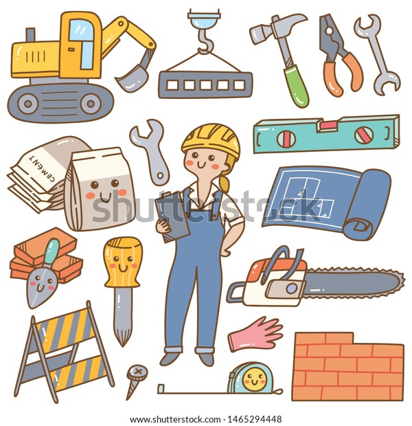 Building Construction Kawaii Doodle Worker Tools Stock Vector (Royalty ...