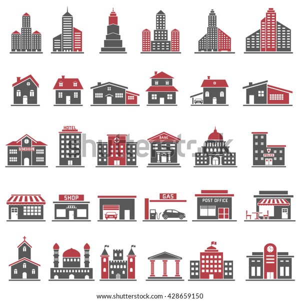 Building Icons Set Red Black Color Stock Vector (Royalty Free ...