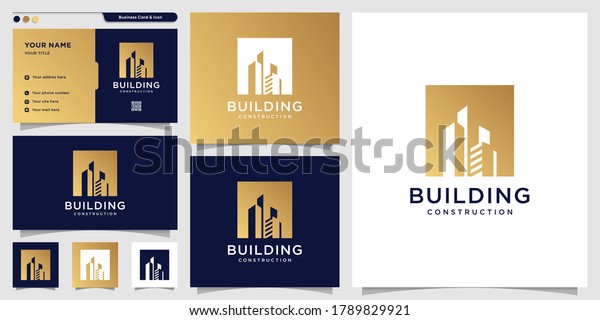 Building logo with new concept line art style and business card design ...