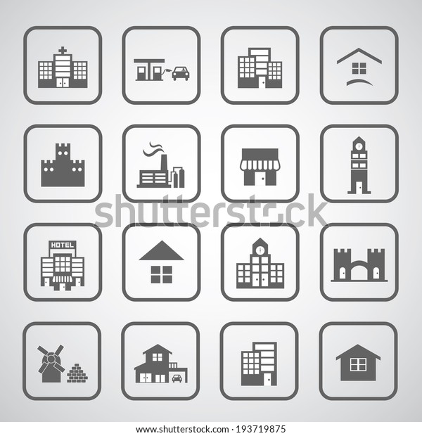 Buildings Icon On Gray Background: เวกเตอร์สต็อก (ปลอดค่าลิขสิทธิ์ ...