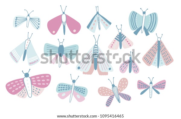 Bundle Pastel Colored Cartoon Moths Different Stock Vector (Royalty ...