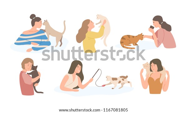 Bundle Pretty Young Girls Their Cats Stock Vector (Royalty Free) 1167081805