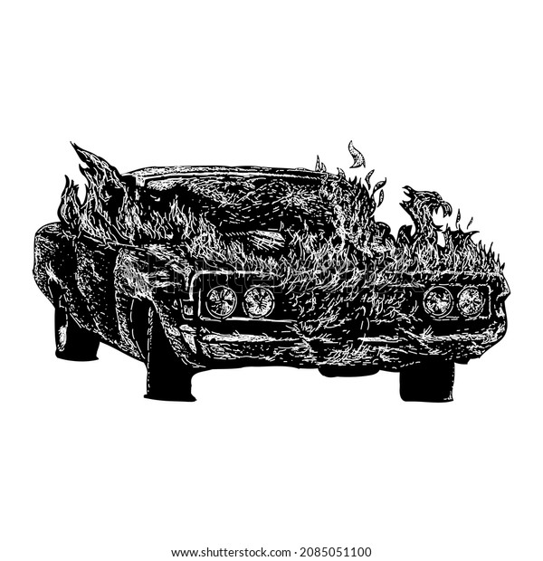 Burning Car Drawing Vector Illustration Isolated Stock Vector (Royalty ...