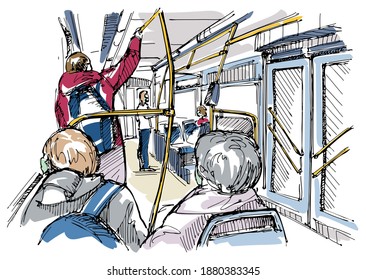 Bus Interior Passengers Hand Drawn Sketch Stock Vector (Royalty Free ...