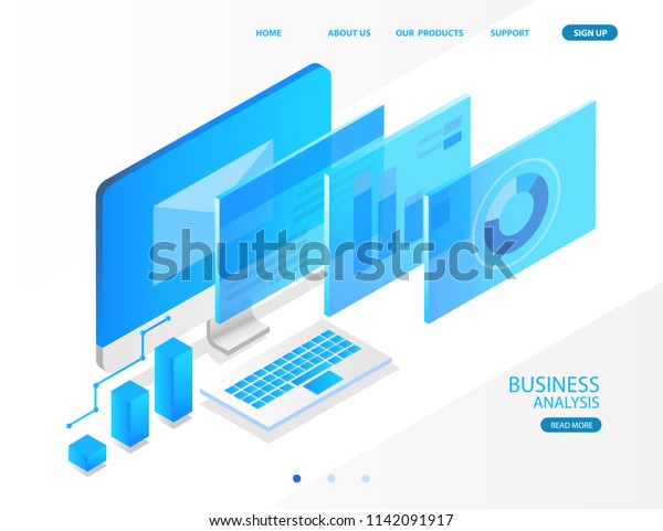 business analysis system, isometric blue light concept. there are ...