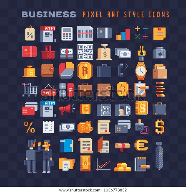 Business elements pixel art 80s style icons set , office equipment and ...