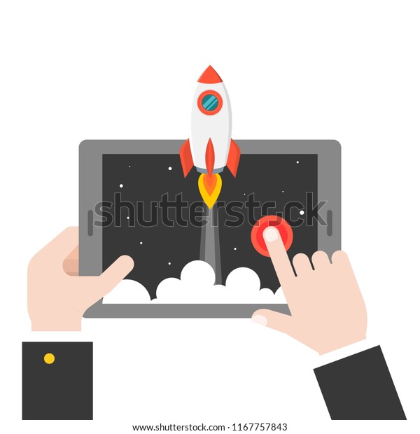 Business Hand Launching Rocket Tablet Smart Stock Vector (Royalty Free ...