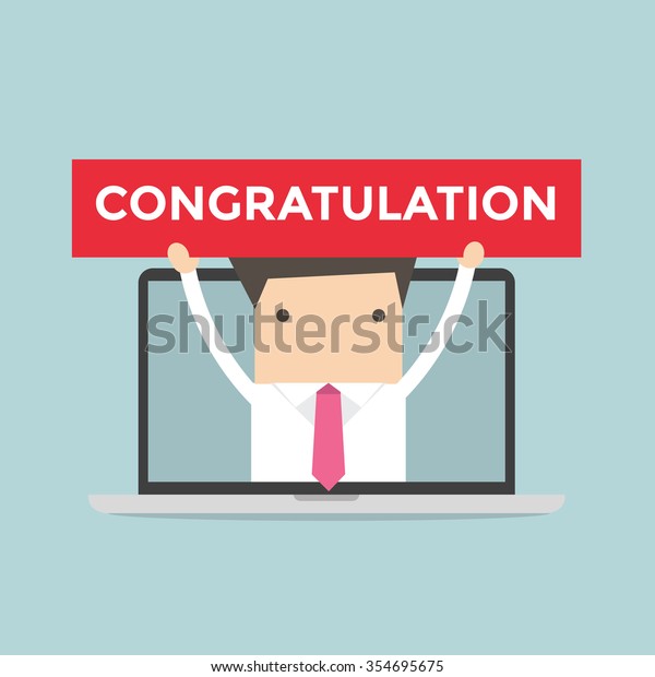 Businessman Holding Congratulation Sign Computer Notebook Stock Vector ...
