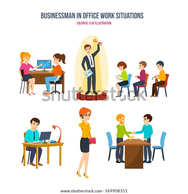 Businessman Office Work Situations Concept Discussion Stock Vector ...