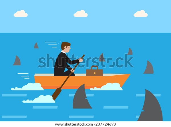 Businessman Rowing His Boat Through Shark Stock Vector (Royalty Free ...