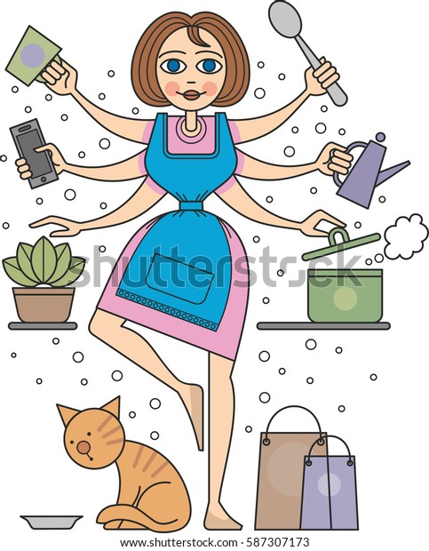 Busy Multitasking Woman Doing All House Stock Vector (Royalty Free ...