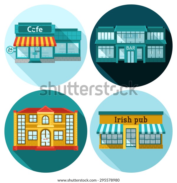 Cafe Building Front Exterior Flat Icons Stock Vector (Royalty Free ...