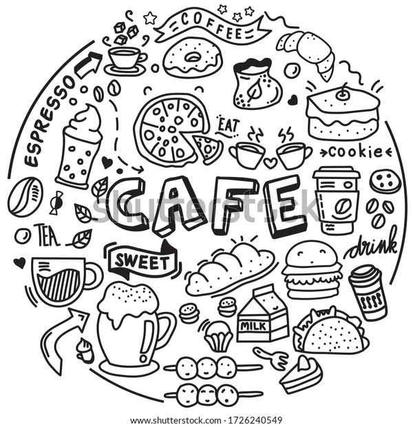Cafe doodle template design, hand drawn sketchy vector symbols and ...