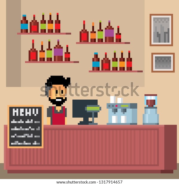 Cafe Interior Pixel Art Old School Stock Vector (Royalty Free ...