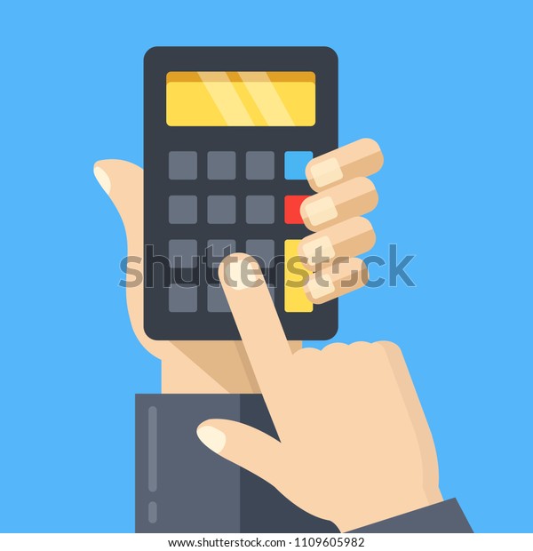 Calculation Hand Holding Calculator Finger Touching Stock Vector ...
