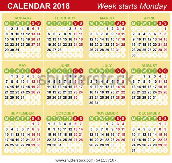 Calendar 2018 Vector Template Numbers Circle Stock Vector (Royalty Free ...