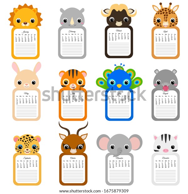Calendar 2020 Cute Monthly Animals Calendar Stock Vector (Royalty Free ...