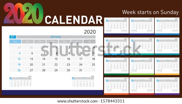 Calendar 2020. Week start Sunday corporate design planner template.
