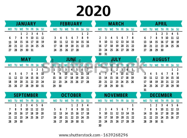 Calendar 2020 Weeks Monday Vector Illustration Stock Vector (Royalty ...