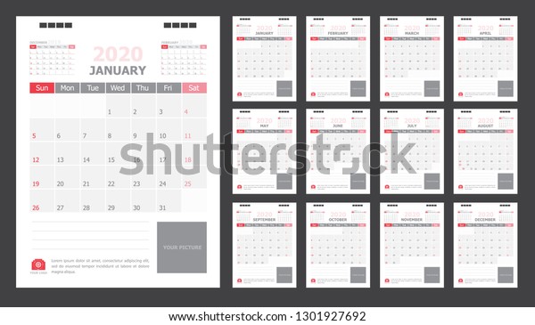 Calendar 2020 White Red Background Stock Vector (Royalty Free ...