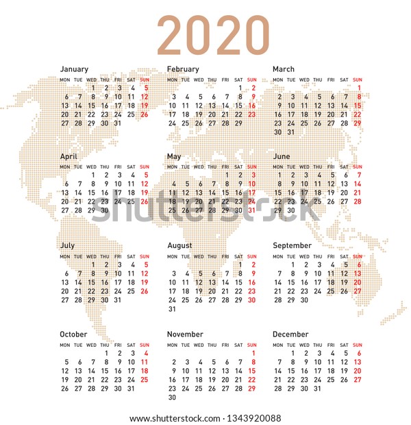 Calendar 2020 World Map Week Starts 스톡 벡터(로열티 프리) 1343920088 | Shutterstock