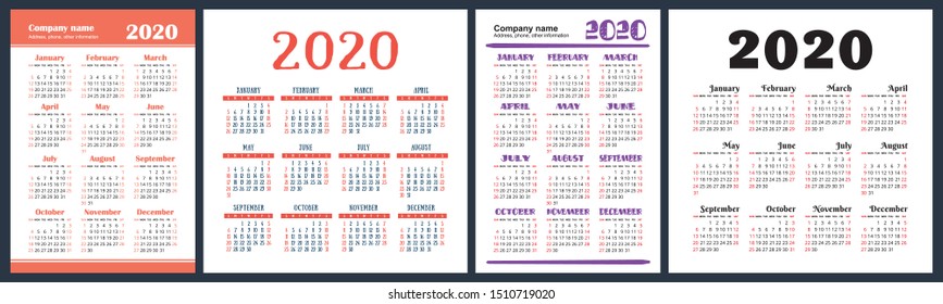 English Set Pocket Calendars 2020 Two Stock Vector (Royalty Free ...
