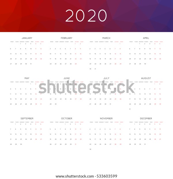 Calendar 2020 Year Simple Style Abstract Stock Vector (Royalty Free ...