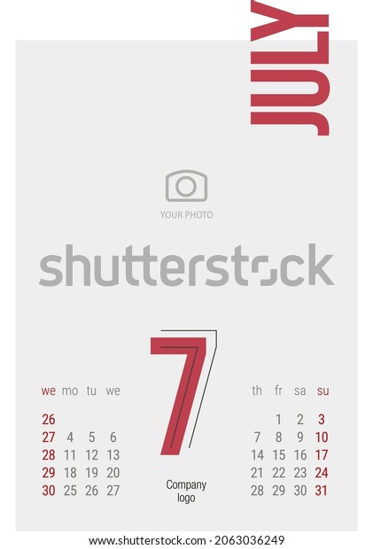 Calendar 2022 7th Month July Modern Stock Vector (Royalty Free ...