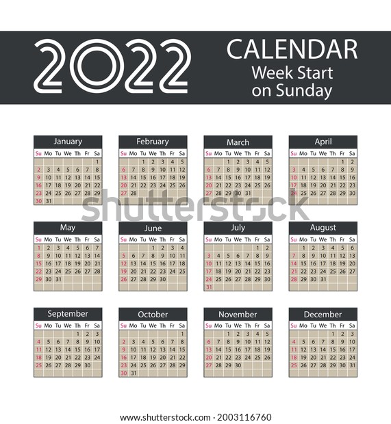 Calendar 2022 Year Week Starts Sunday Stock Vector (Royalty Free ...