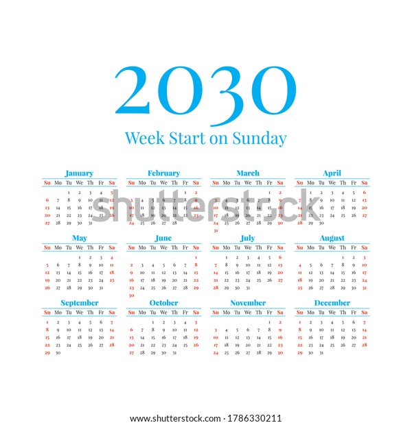 Calendar 2030 Weeks Start On Sunday Stock Vector (Royalty Free ...