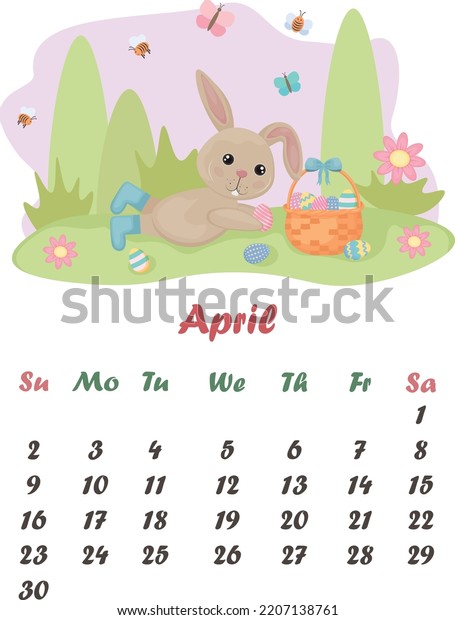 Calendar April Cute Rabbit Lying Basket Stock Vector (Royalty Free ...