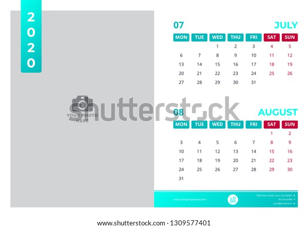 Calendar Design July August 2020 Simple Stock Vector (Royalty Free ...