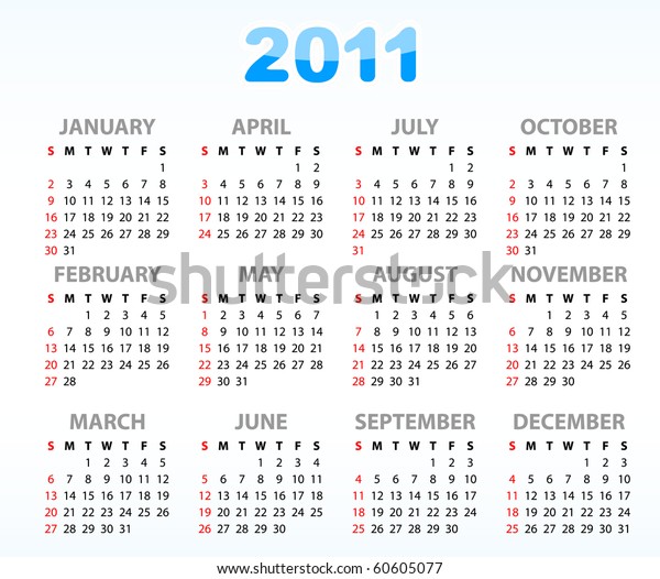 Calendar Grid 2011 Year English Stock Vector (Royalty Free) 60605077